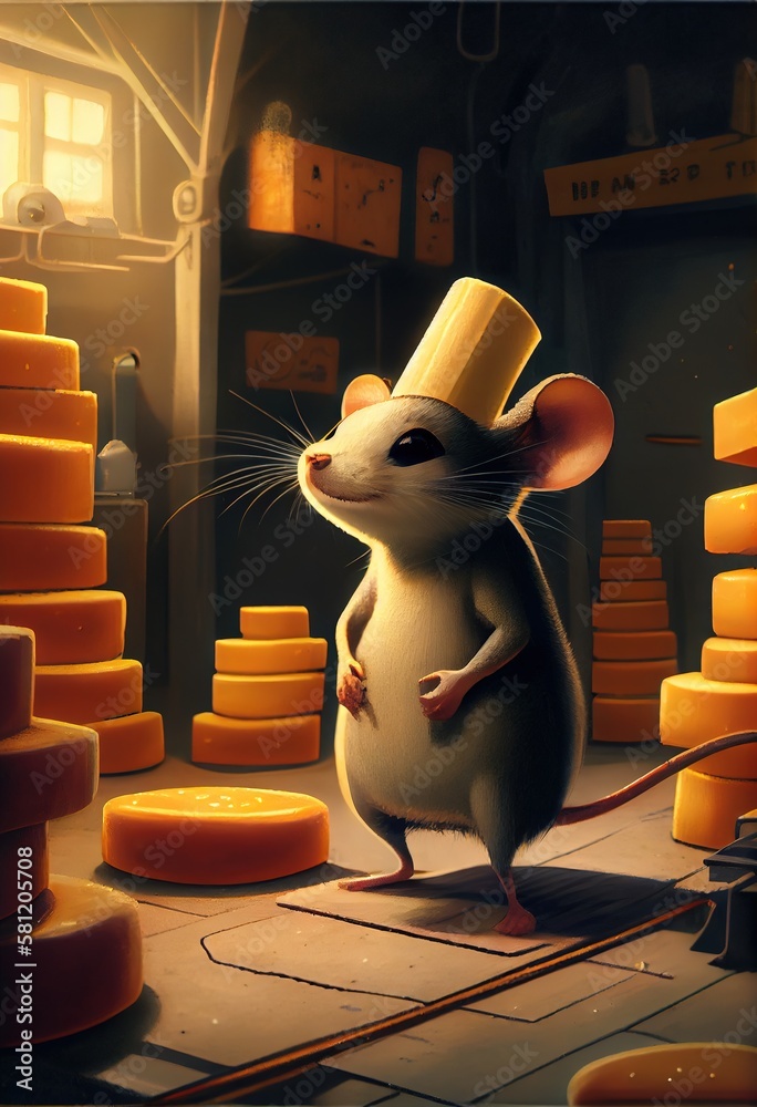 Cartoon mouse cook in a warehouse in the middle of the cheese ...