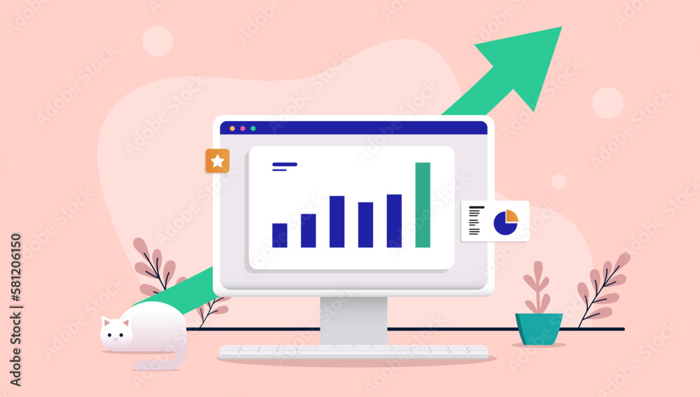 Computer with rising chart - Desktop PC with diagram on screen and ...