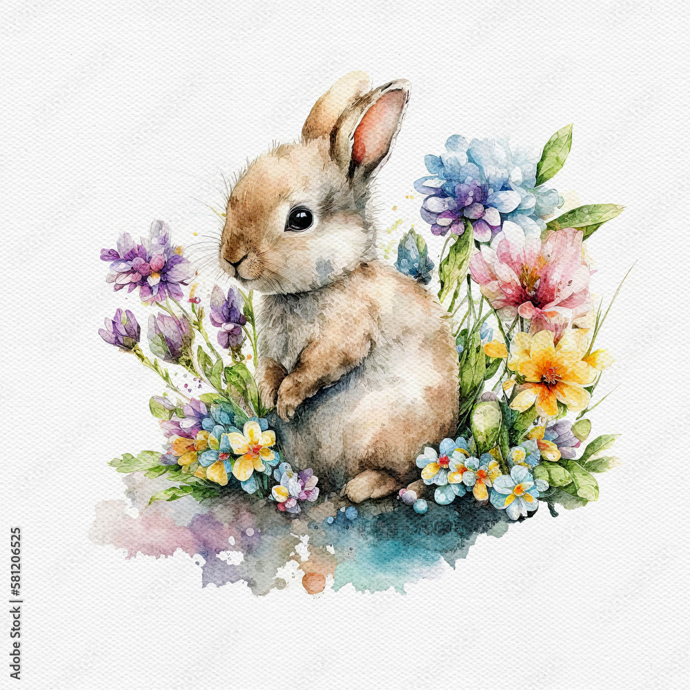 Watercolor cute bunny hold flower. Delicate spring illustration ...