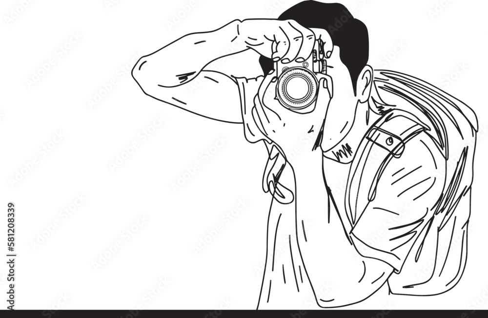 Sketch drawing of young traveling boy holding still camera and doing ...