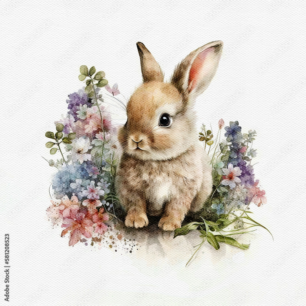 Watercolor cute Easter bunny with painted egg and flower. Delicate ...