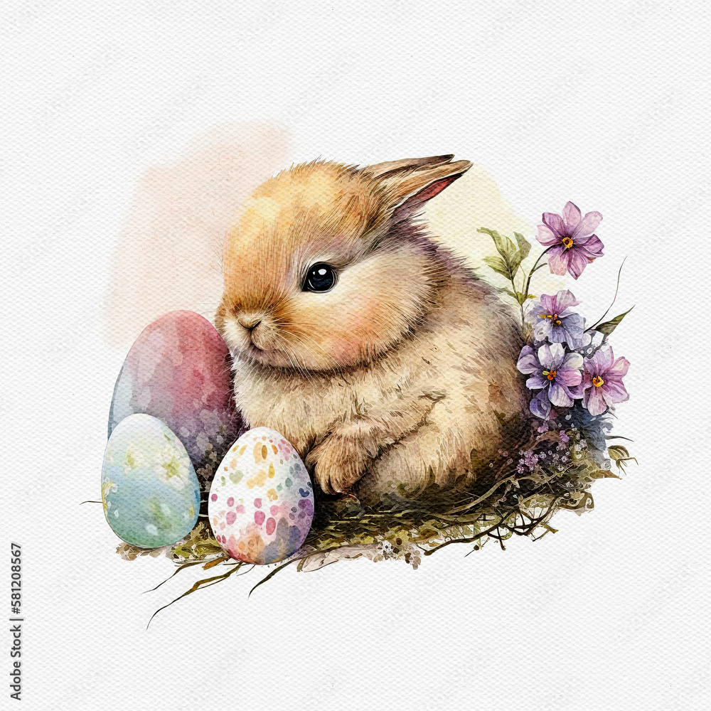 Watercolor cute Easter bunny with painted egg and flower. Delicate ...