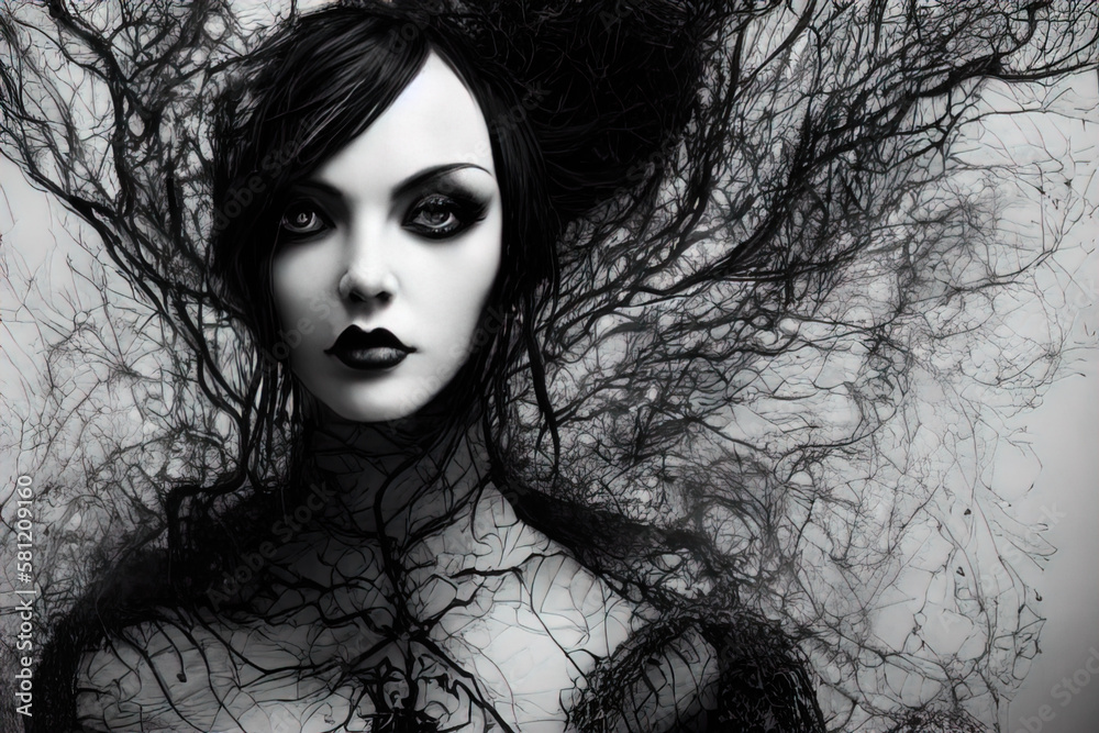 Dark Haired Goth Queen on knees psychopathic stare, Artgerm, mystical ...