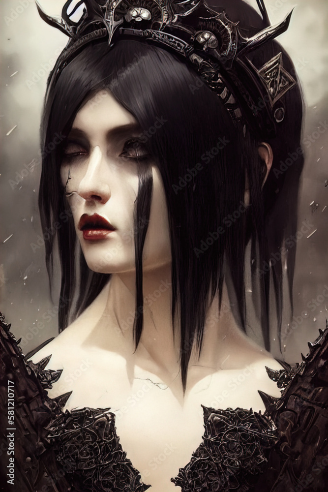 Dark Haired Goth Queen on knees psychopathic stare, Artgerm, mystical ...
