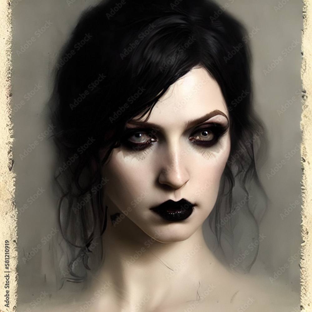 Dark Haired Goth Queen on knees psychopathic stare, Artgerm, mystical ...