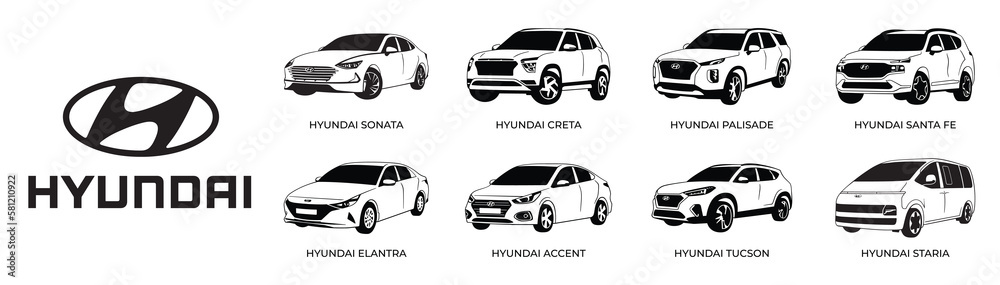 Vector silhouettes, icons of Hyundai brand cars Stock Vector | Adobe Stock
