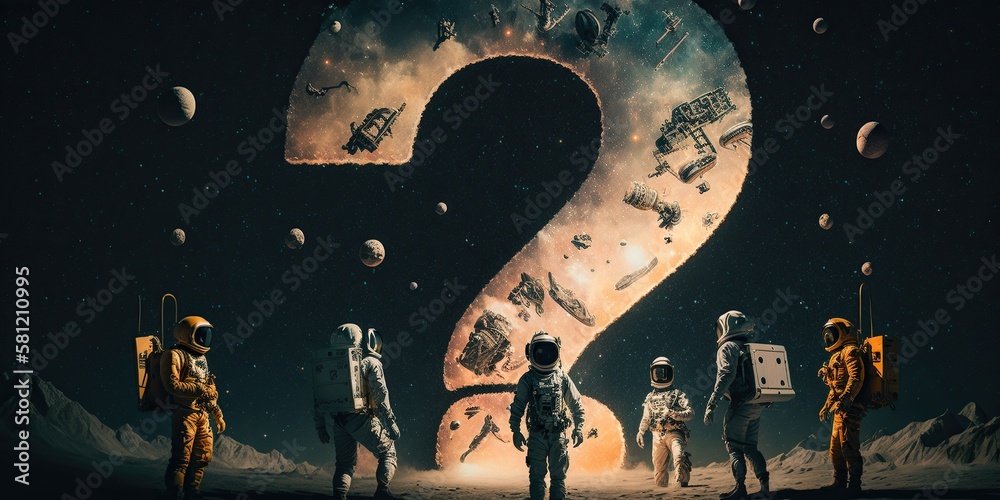 large question mark floating in space with spaceship hovering nearby ...