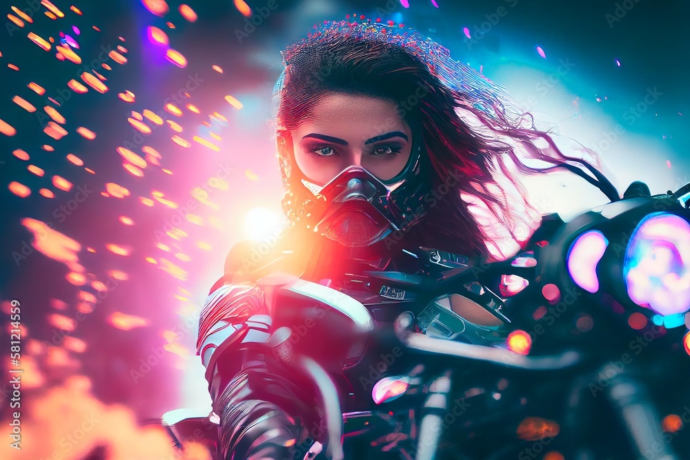 Portrt of a girl on a motorcycle from a sci-fi cyberpunk. A high-tech ...