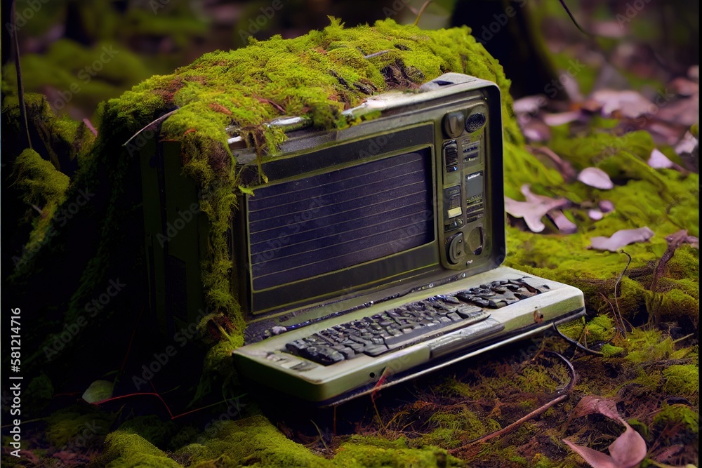 An old computer lying in the jungle. A post-apocalyptic ruin in the green jungle. Generative AI ...