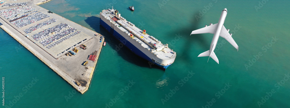 Aerial drone concept top down photo of huge car carrier ship RO-RO ...
