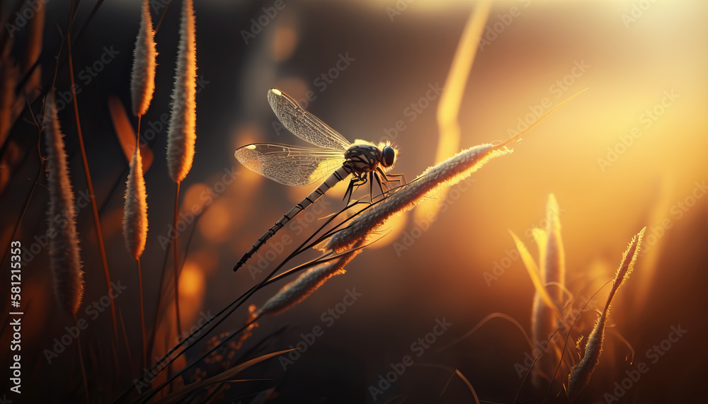 Stunning dragonfly portrait at sunset. Amazing super detailed nature ...