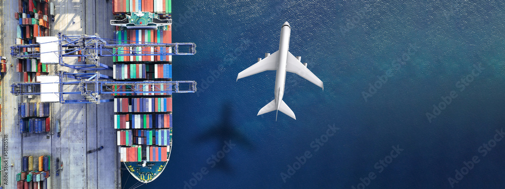 Aerial drone ultra wide top down concept photo of container terminal ...
