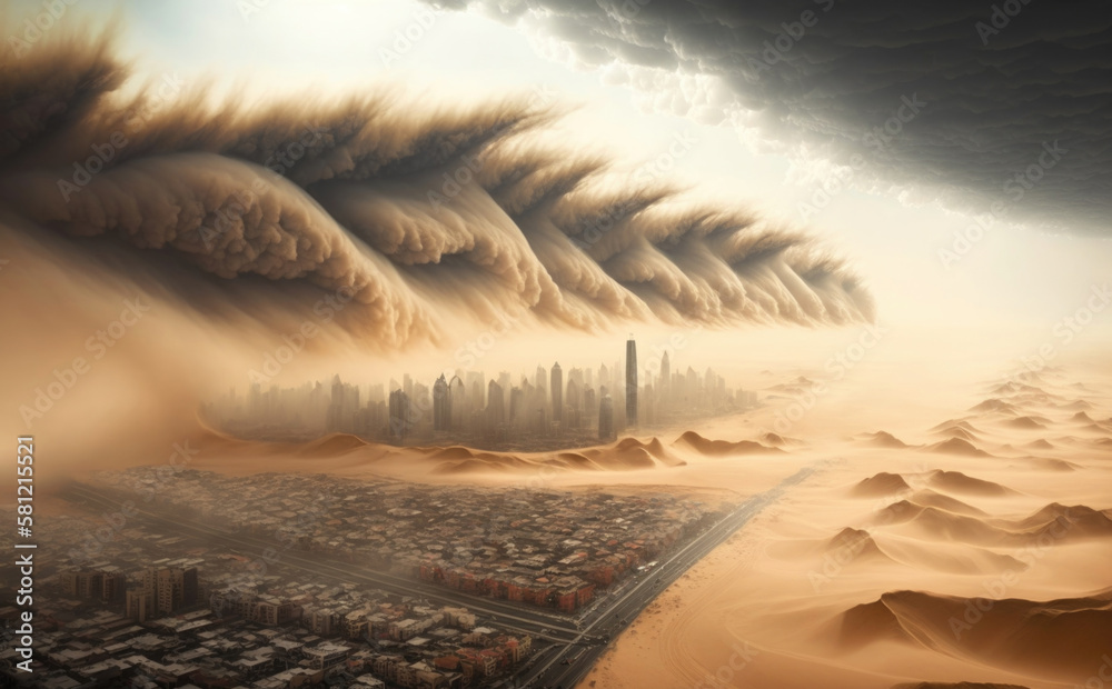 Fictional giant sandstorm wall about to cover a city in the desert ...