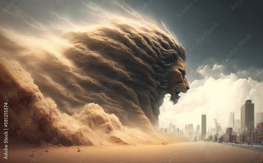 Monstrous sandstorm in the shape of a giant angry lion approaching a ...