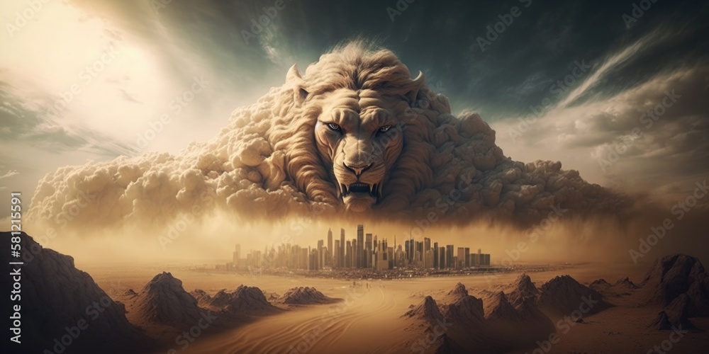 Monstrous sandstorm in the shape of a giant angry lion approaching a ...