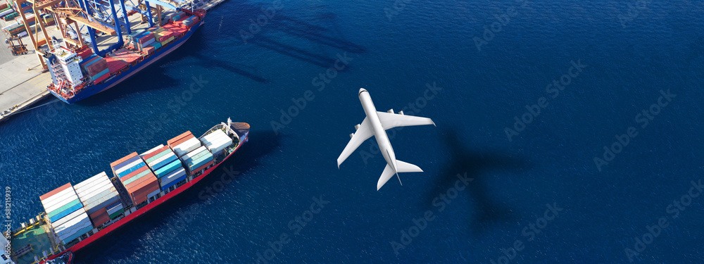 Aerial drone ultra wide top down concept photo of container terminal ...