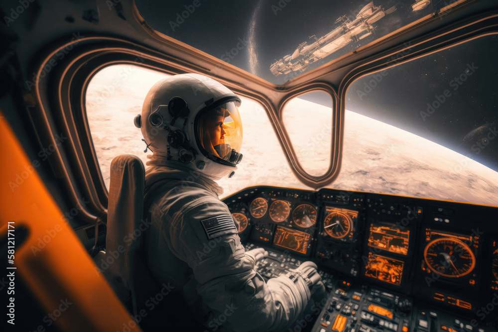 Astronaut in the space shuttle.Outer space, space travel concept.Exploring the universe Stock ...