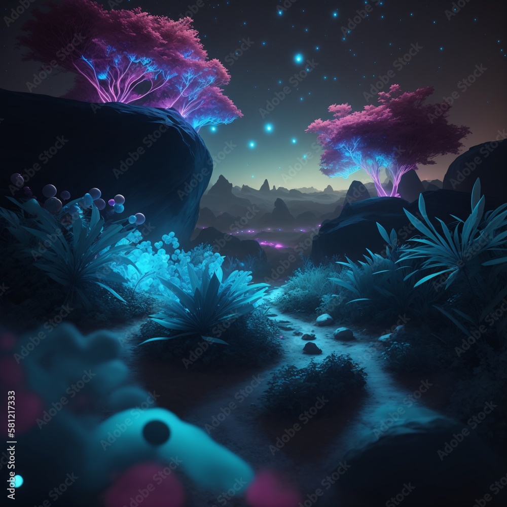Mesmerizing bioluminescent night scene - nature, magic plants and ...