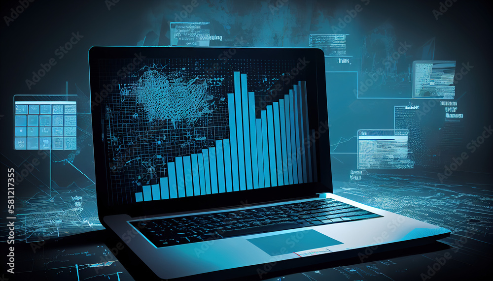 Digital image of background with charts and graphs, blending with laptop, blue tone color ...