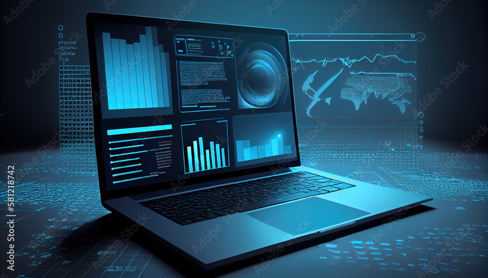 Digital image of background with charts and graphs, blending with laptop, blue tone color ...