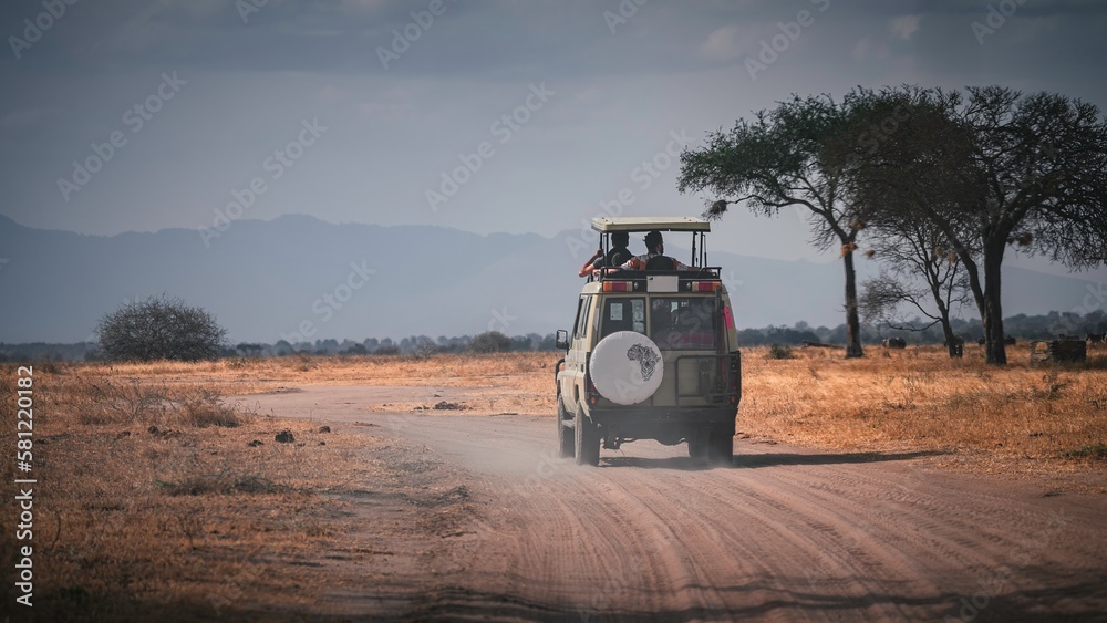 Off-road safari vehicle driving among wild animals in the Serengeti ...