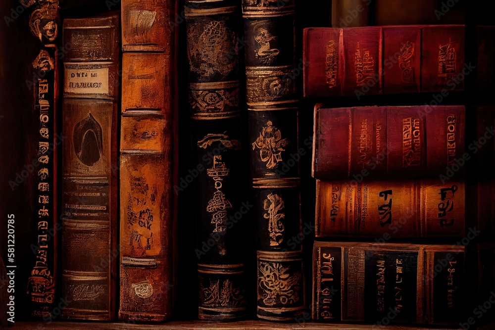 Antique books in a library. A dusty old library with many books ...