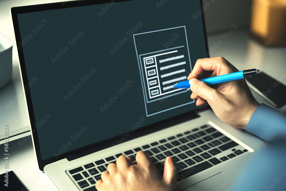 Digital work checklist on virtual screen concept, Businessman use a pen ...