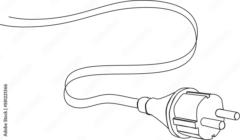 continuous single line drawing of electric plug and power cable, line ...