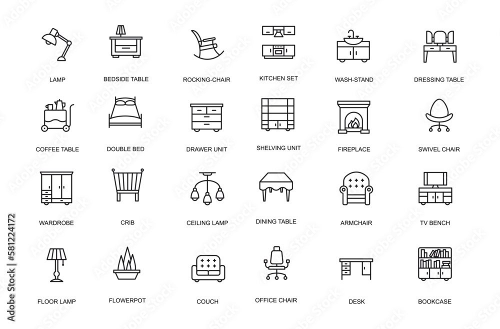 Furniture icon pack. 30 Furniture icons. chair, lamp, rocking chair ...