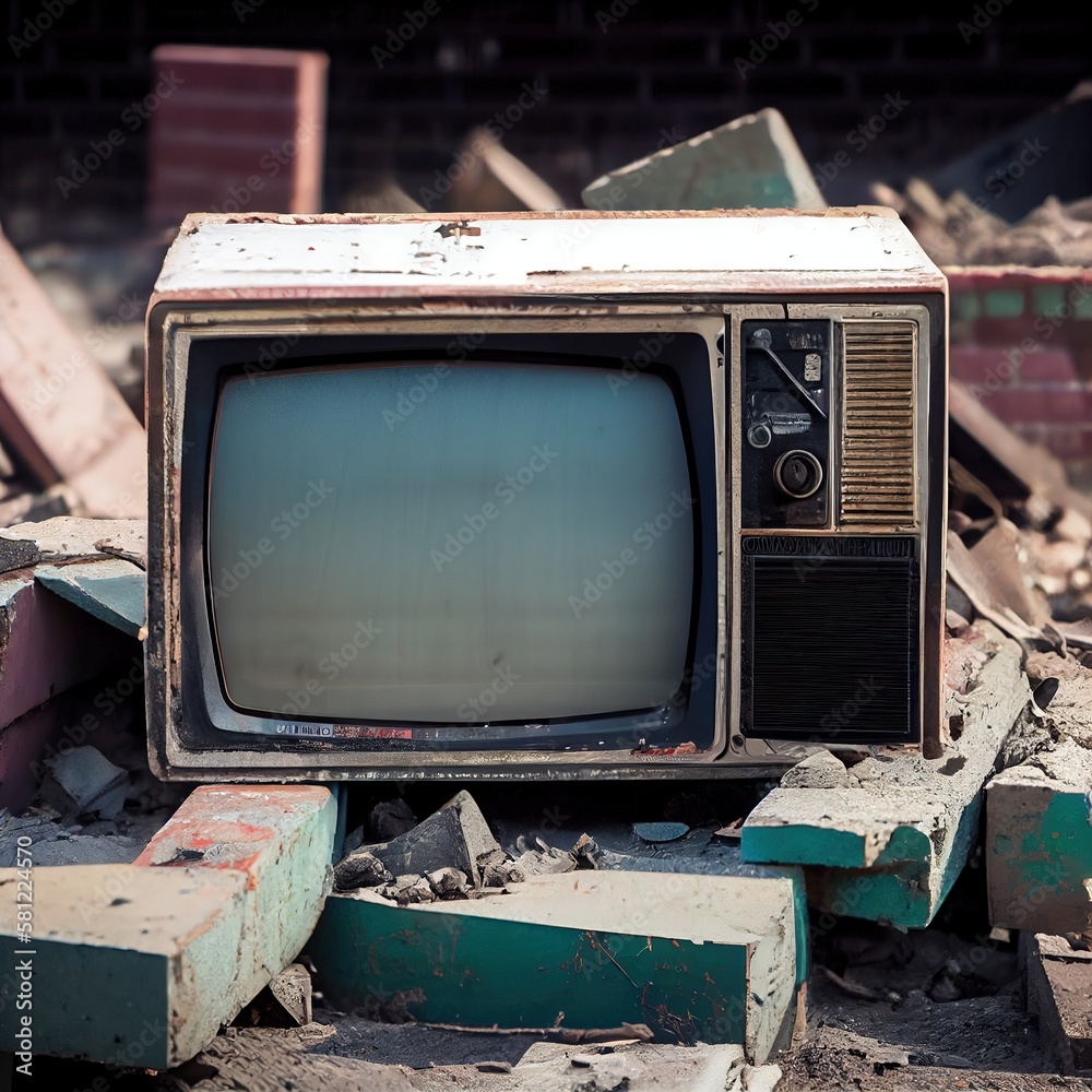 An old TV lying on the ruins of a house. A post-apocalyptic ruined city ...