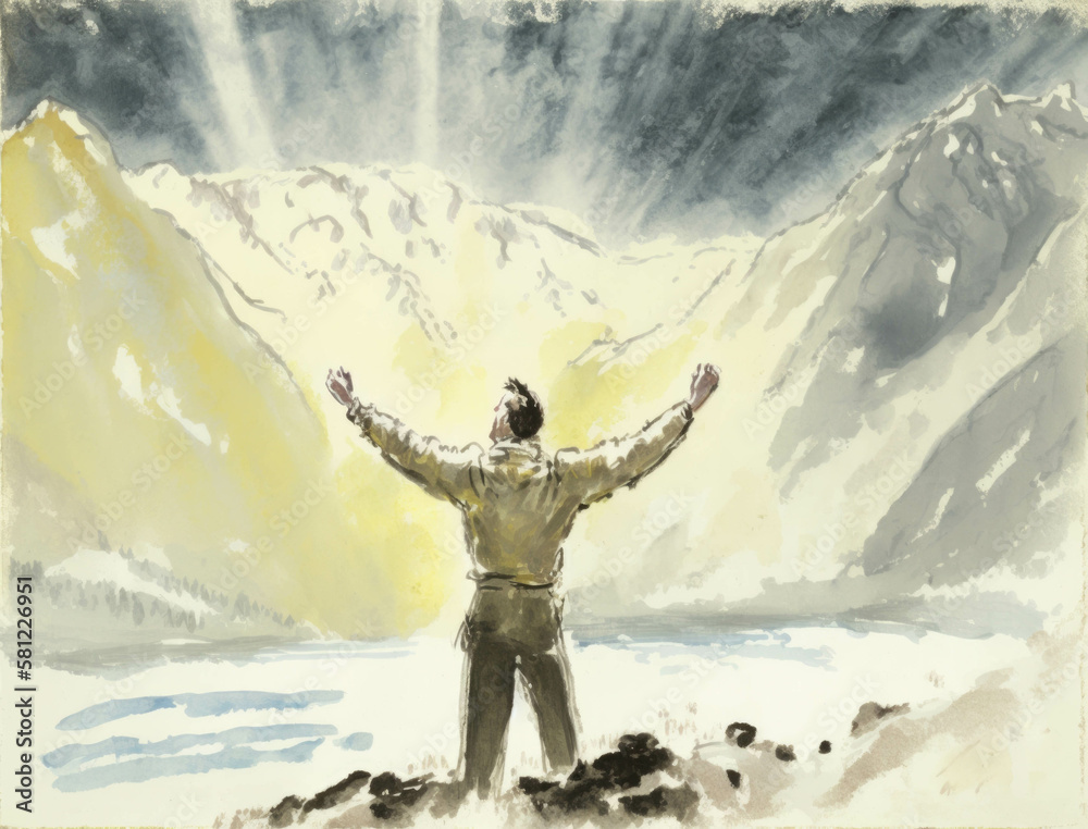 A man standing in the midst of a mountain range with his arms outspread ...