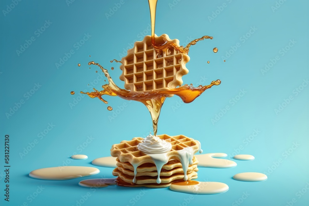 Flying waffles and butter getting dripped with maple syrup over a light ...