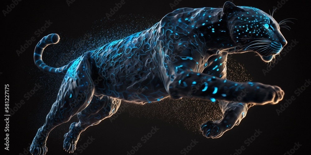 Black panther, leopard, futuristic style, neon veins, blue light, light ...