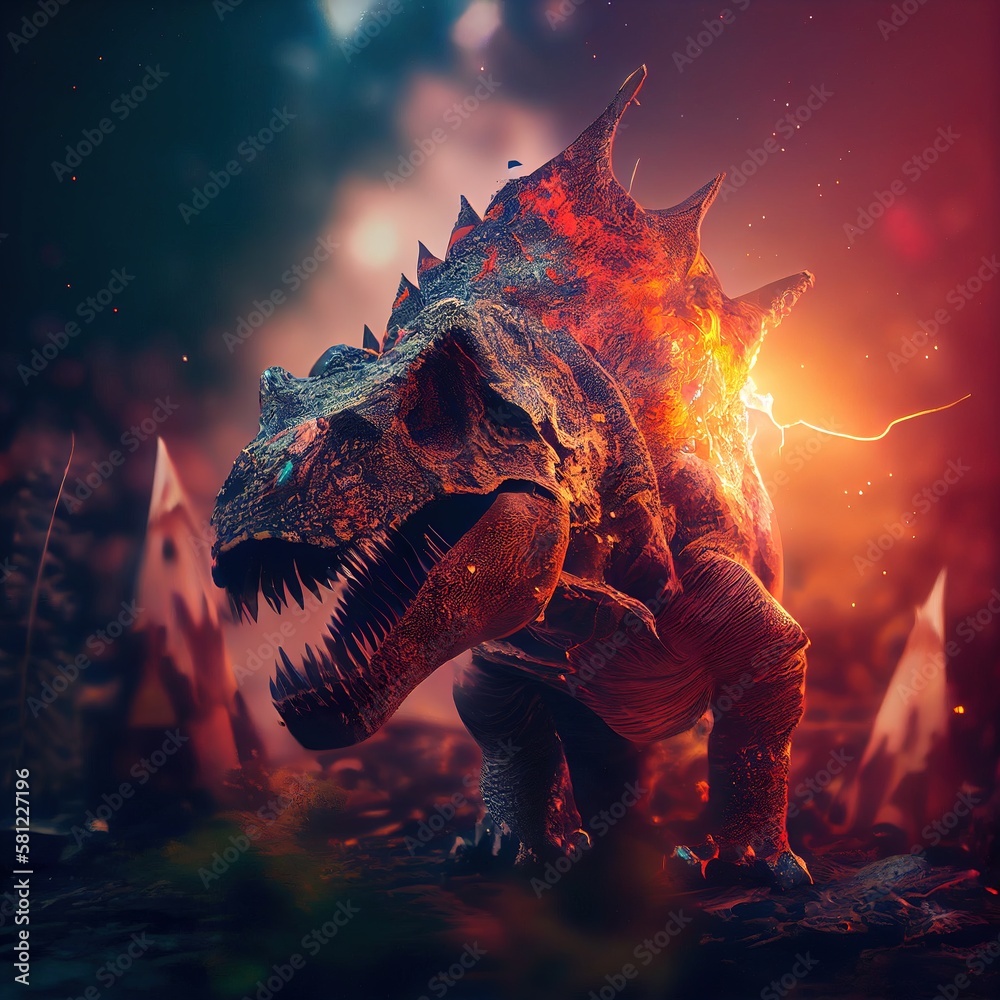 Fantasy dinosaur in the ancient prehistoric jungle. An ancient predatory dinosaur. Generative AI ...