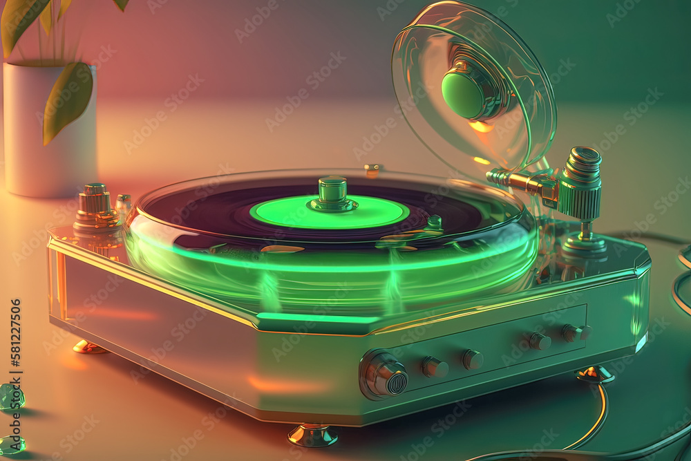 Glass record player with a green record in a beige color room ...