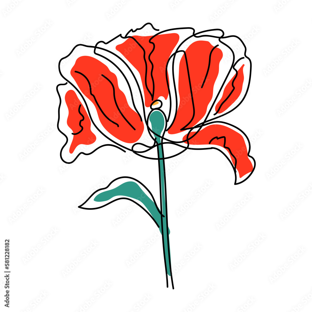 Linear poppy flower with red petals, hand-drawn. Stylized drawing ...