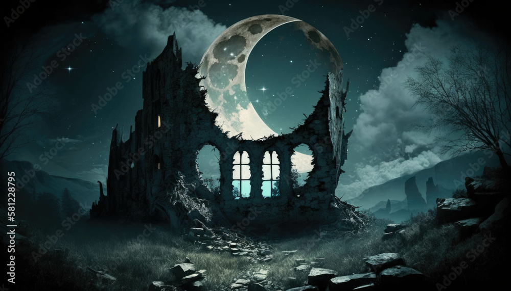 The stars and moon dimly hover above an old crumbling ruin. Fantasy art ...
