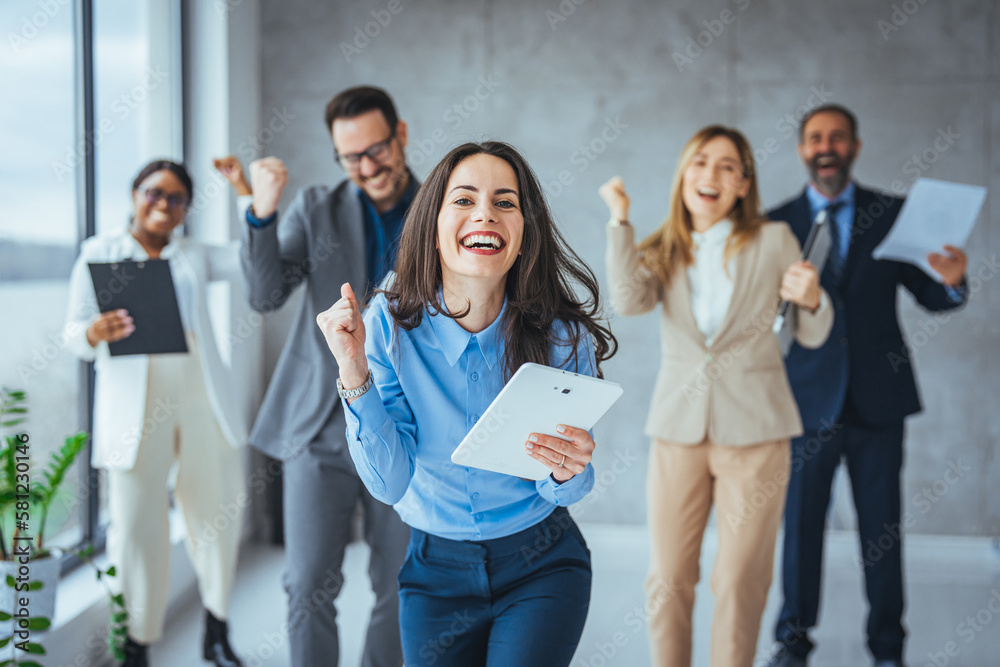 Excited happy multiracial businesspeople have fun engaged in activity ...