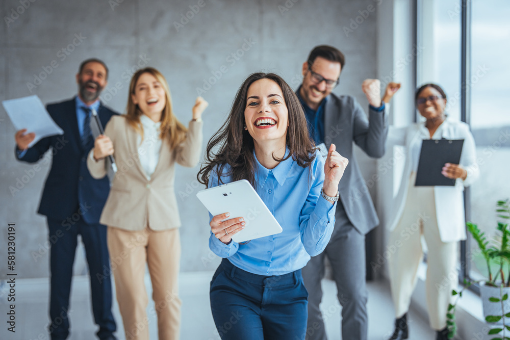 Team Huddle Harmony Togetherness Happiness Concept. Group of joyful excited business people ...