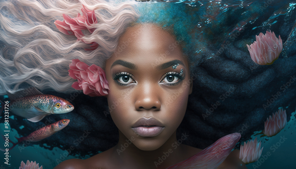 Beautiful black mermaid in the water. Randomly generated not based on a ...