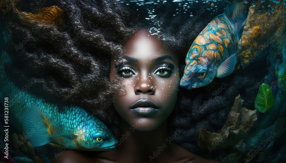 Beautiful black mermaid in the water. Randomly generated not based on a ...