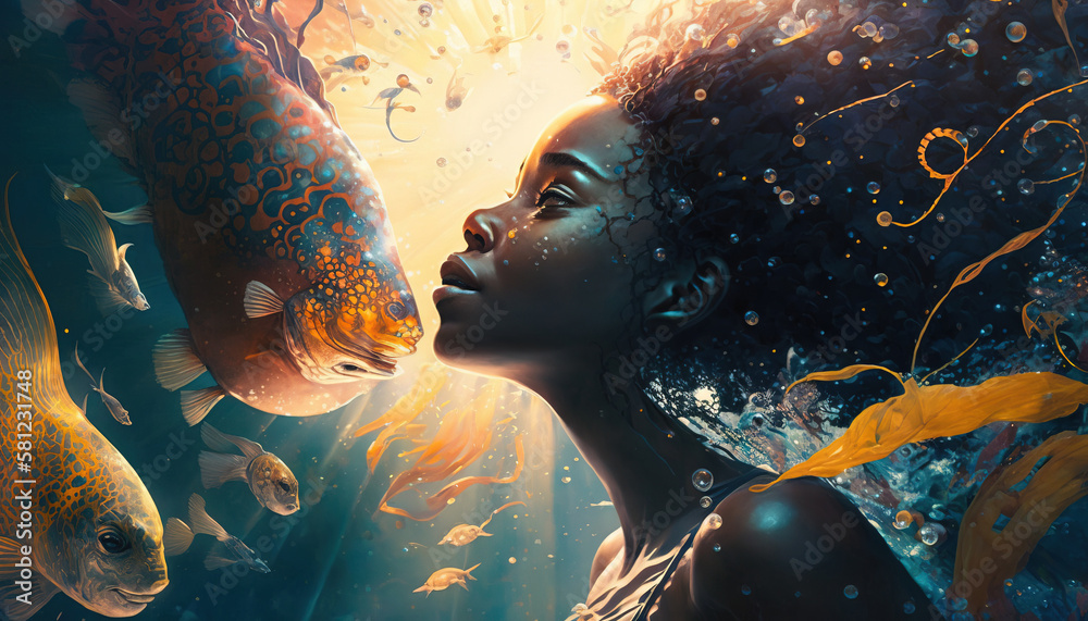 Beautiful black mermaid in the water. Randomly generated not based on a ...