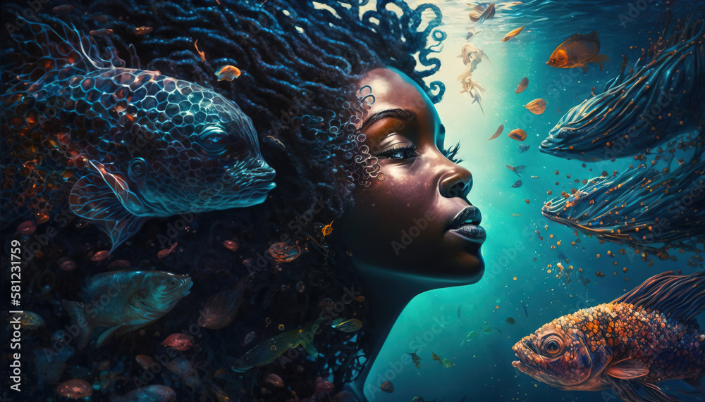 Beautiful black mermaid in the water. Randomly generated not based on a ...