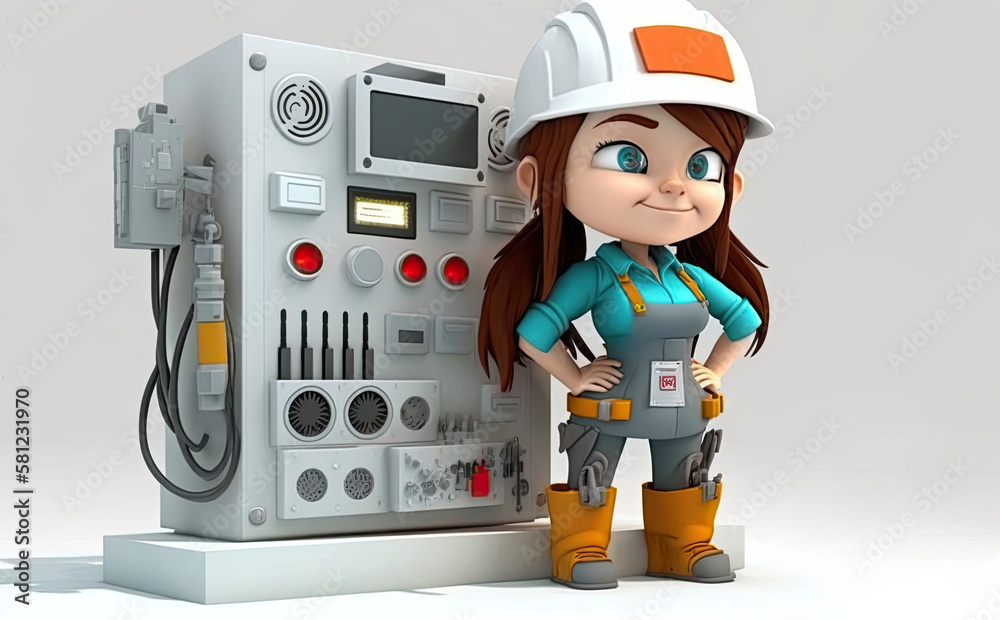 Cute character of a engineer or a technician girl standing next to an ...
