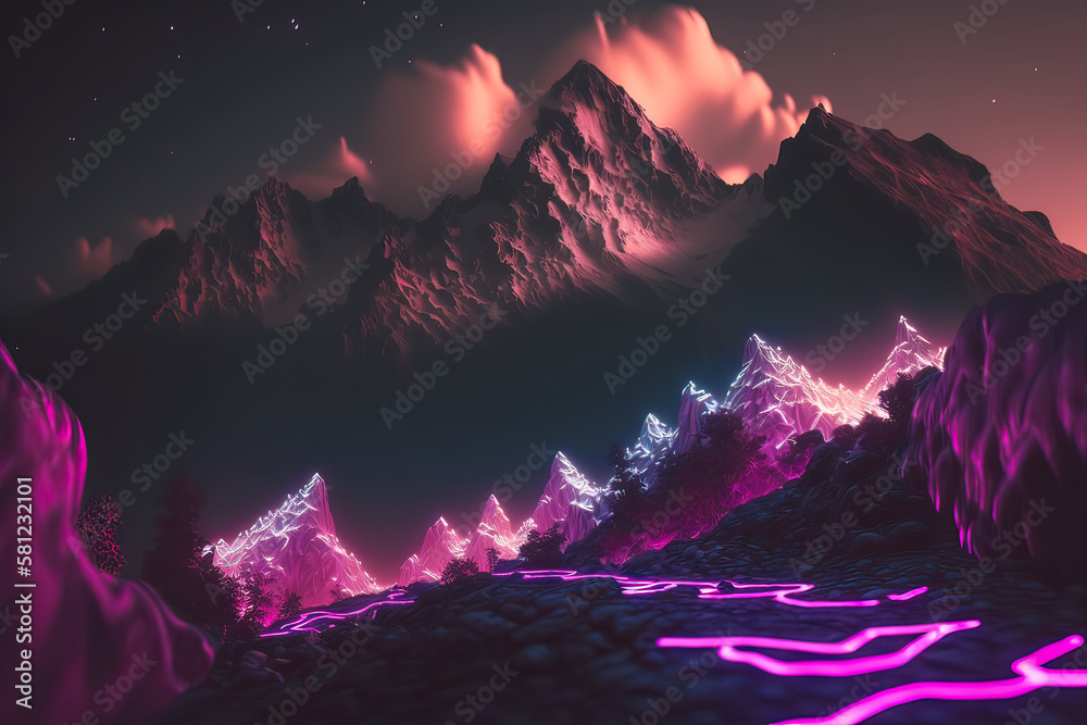 80s synthwave style landscape with mountains. Neon lights. Landscape ...