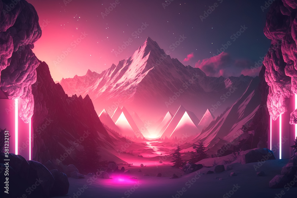 80s synthwave style landscape with mountains. Neon lights. Landscape ...