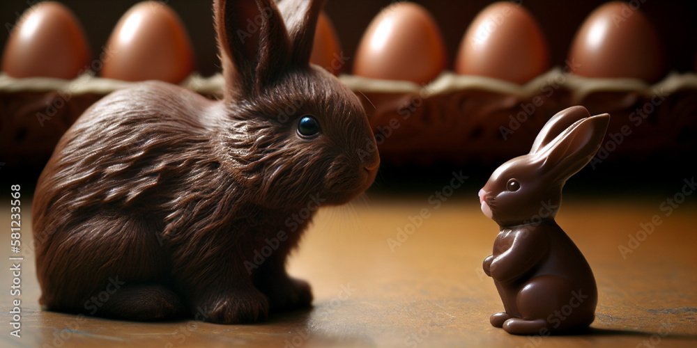 un lapin mignon observe un petit lapin en chocolat devant des œufs de ...