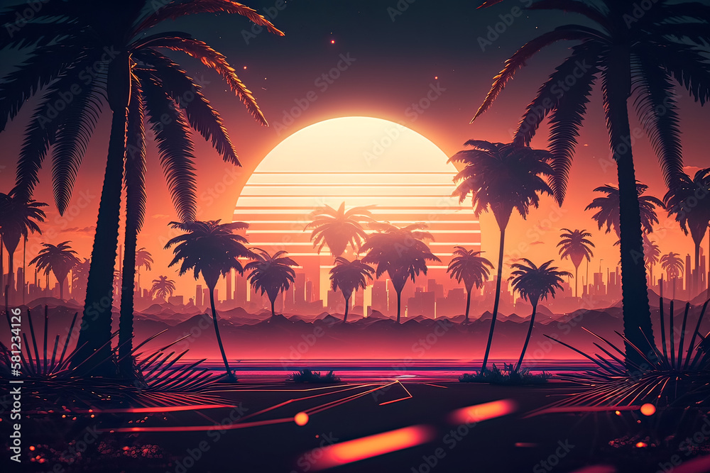 Sunset with big sun in miami disco style party. Retro wave, synthwave ...