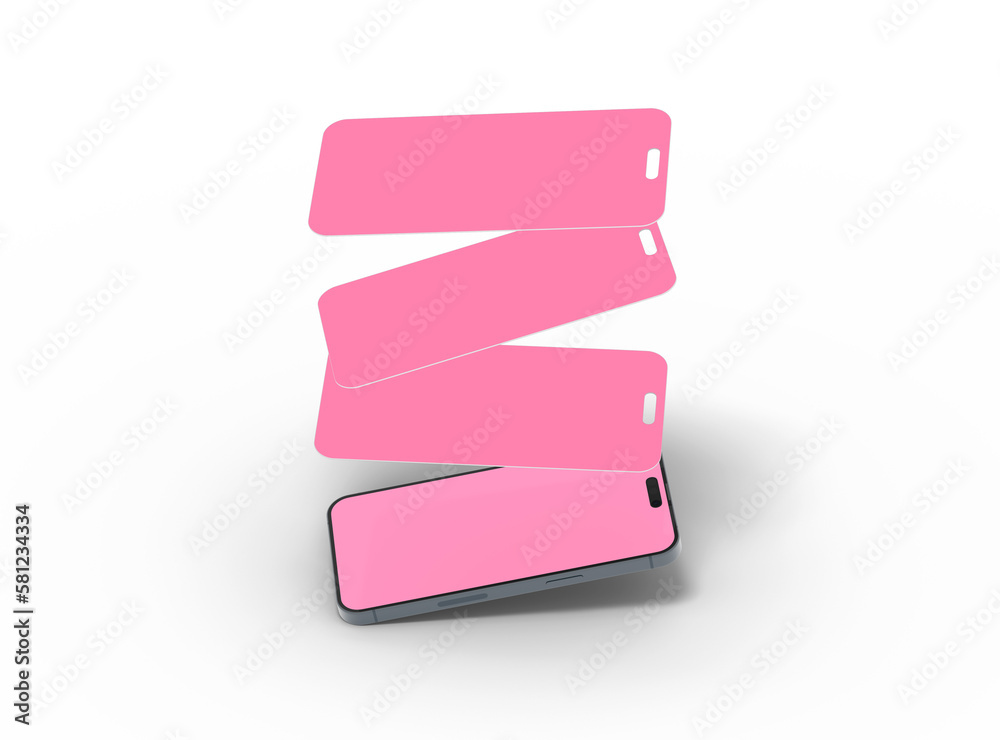 Render of smartphone and some separated screens floating on transparent ...