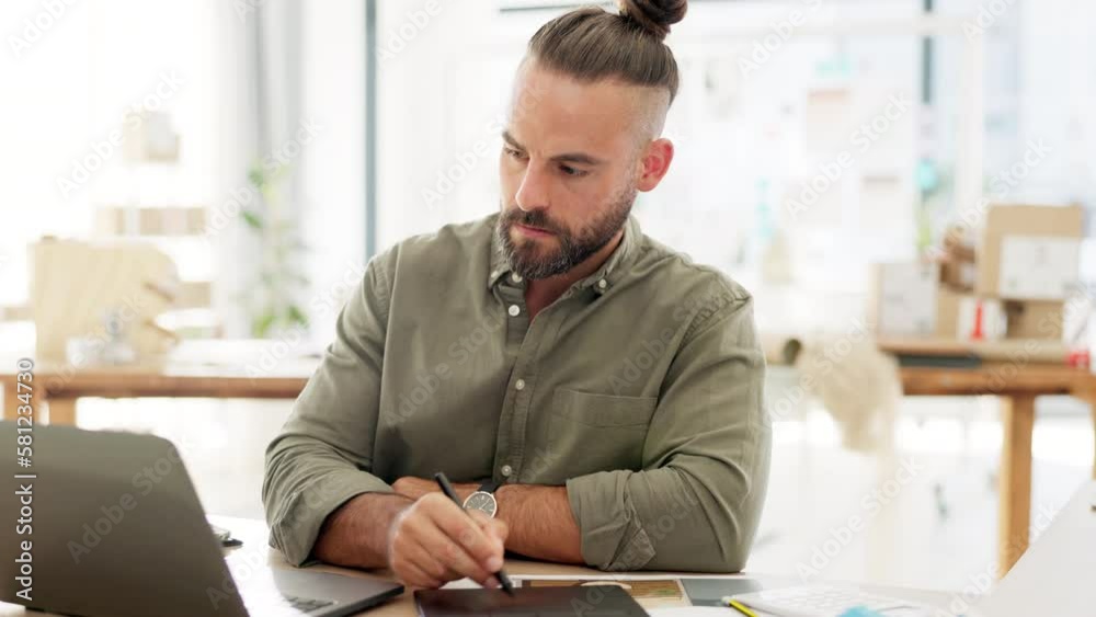 Graphic designer, digital artist and laptop with man and tablet or logo ...